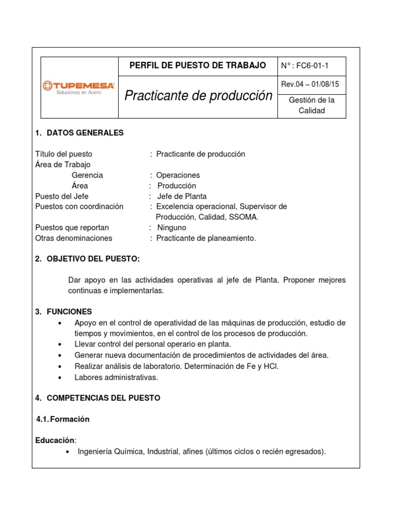 Perfil de Practicante de Producción | PDF