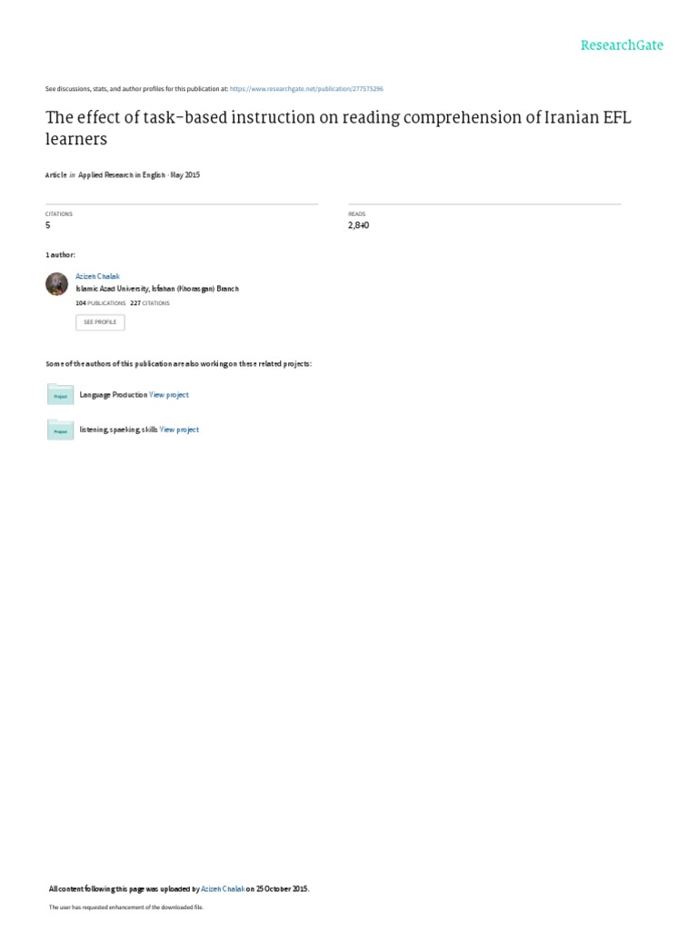 The Effect of Task-Based Instruction On Reading Comprehension of Iranian EFL Learners | PDF ...