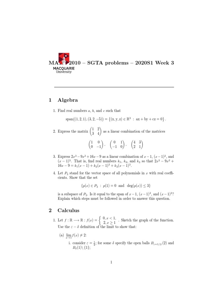 MATH 2010 - SGTA Problems - 2020S1 Week 3 | Download Free PDF | Functions And Mappings | Linear ...