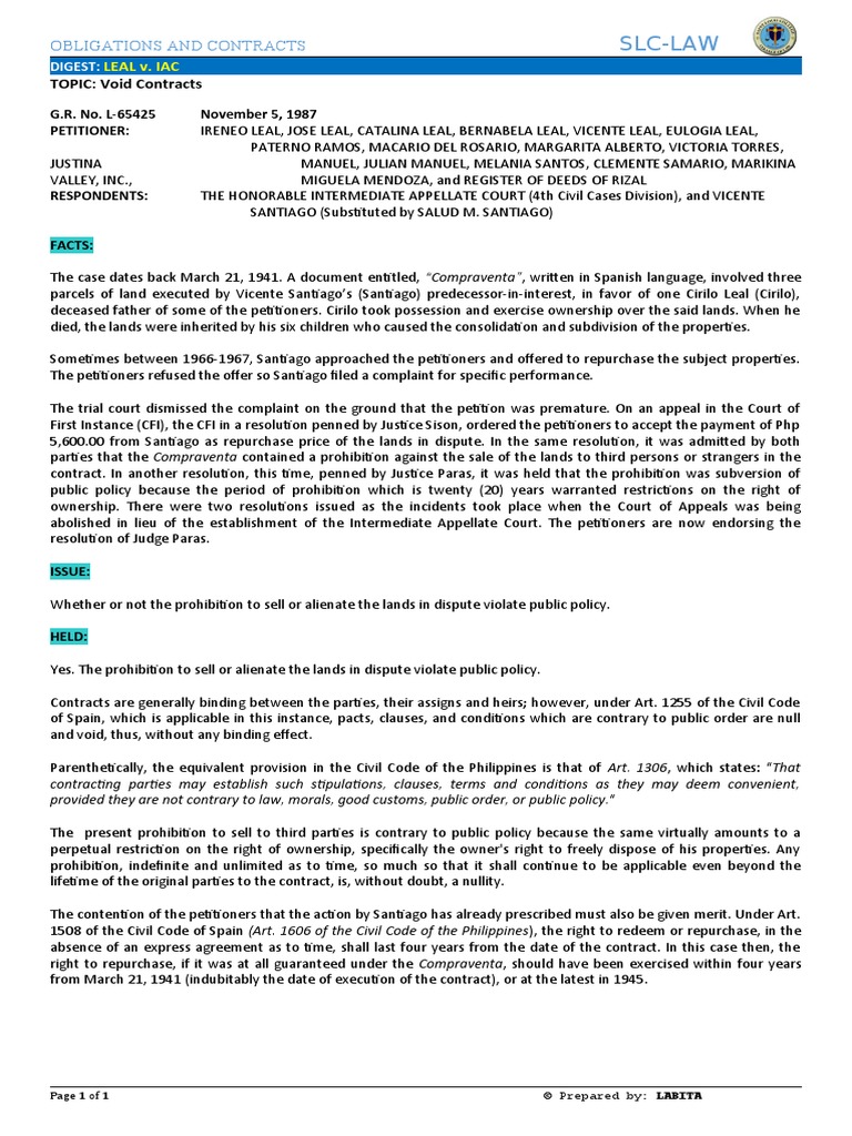 Oblicon Digest (2) 27 Leal-V-Iac-1p Void Contracts | PDF | Public ...