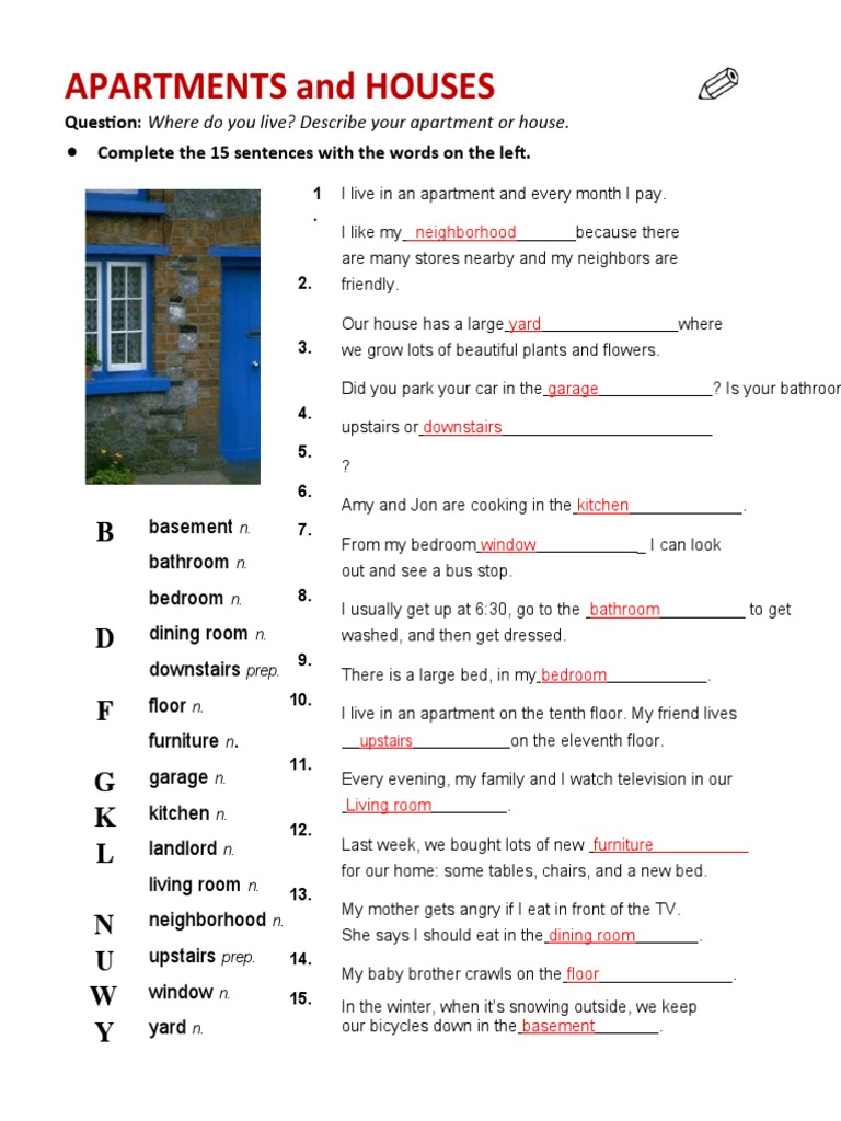 Apartments and Houses: Complete The 15 Sentences With The Words On The ...