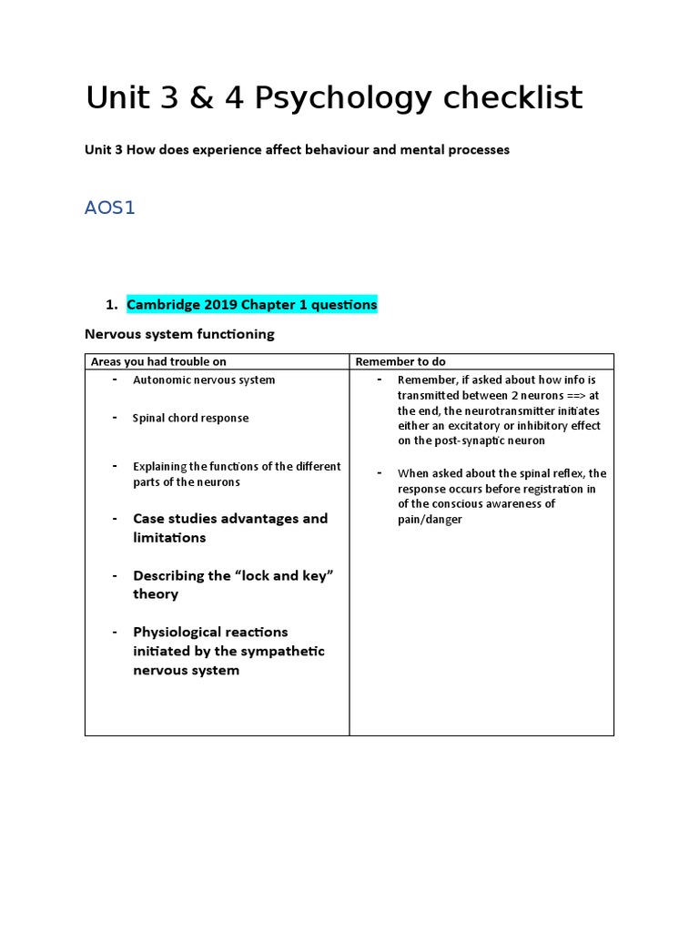 Unit 3 & 4 Psychology Checklist: 1. Cambridge 2019 Chapter 1 Questions ...