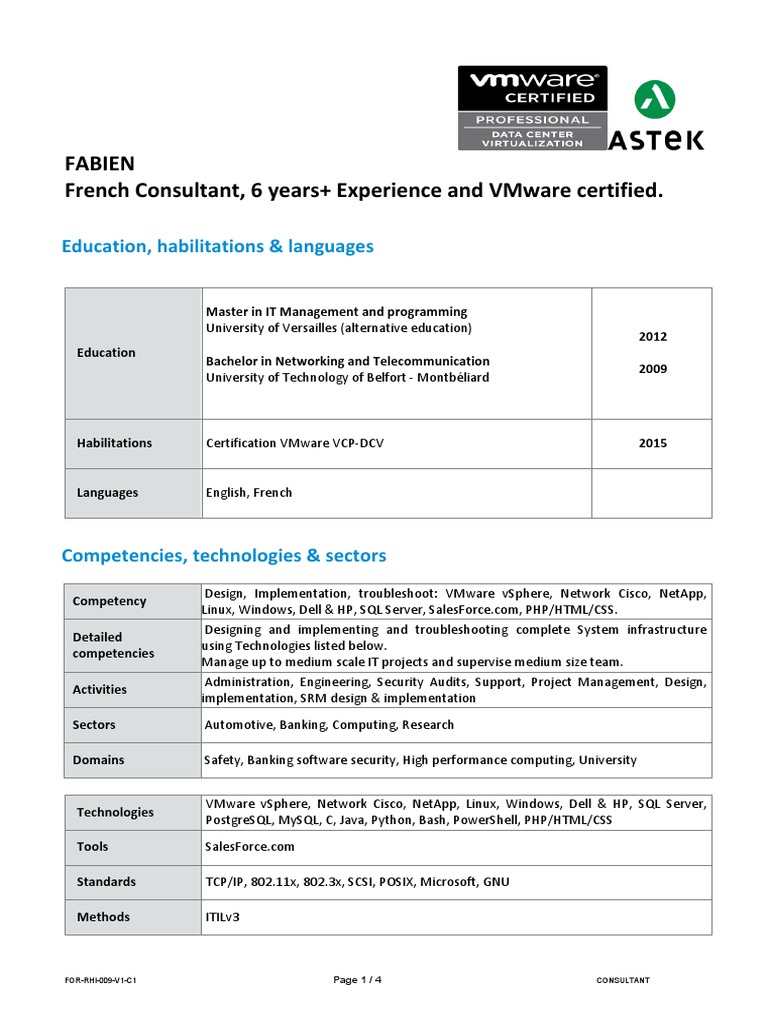 Fabien French Consultant, 6 Years+ Experience and Vmware Certified ...