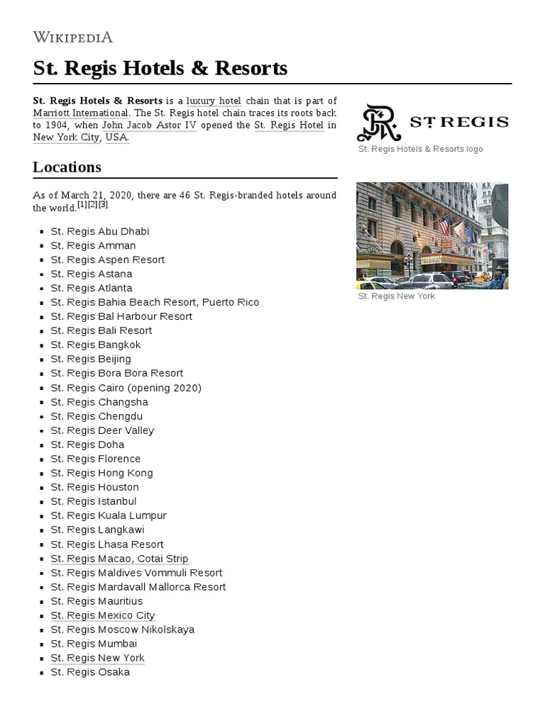 St. Regis Hotels & Resorts: Locations | PDF | Marriott International ...
