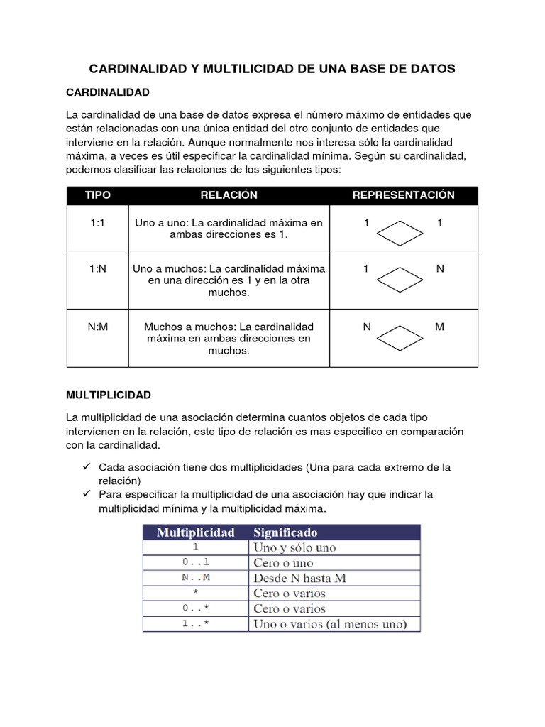 Cardinalidad y Multilicidad de Una Base de Datos PDF | PDF