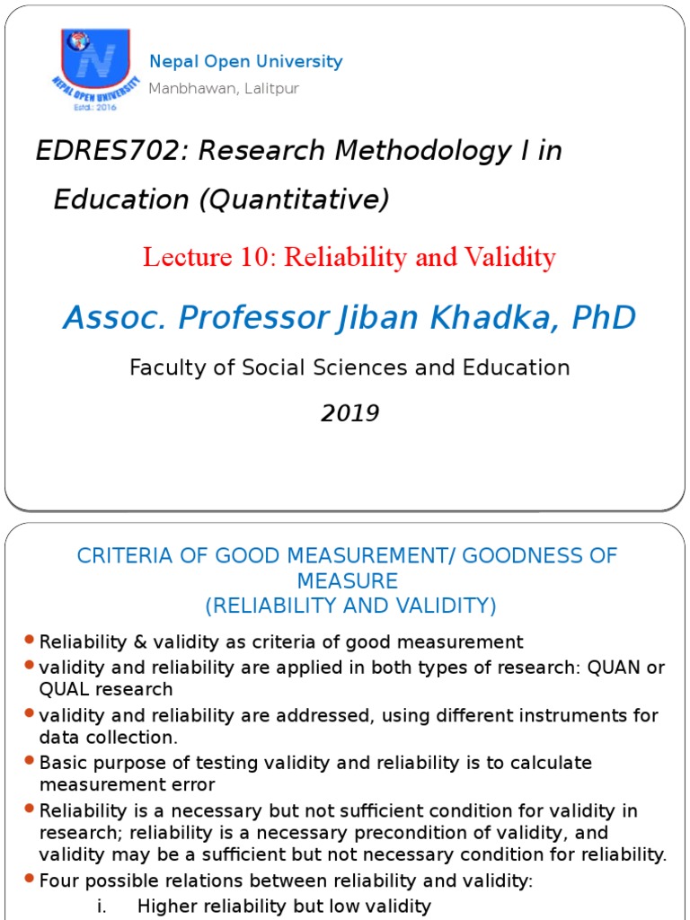 Lm-Reliability and Validity-Slides | PDF | Validity (Statistics) | Cronbach's Alpha