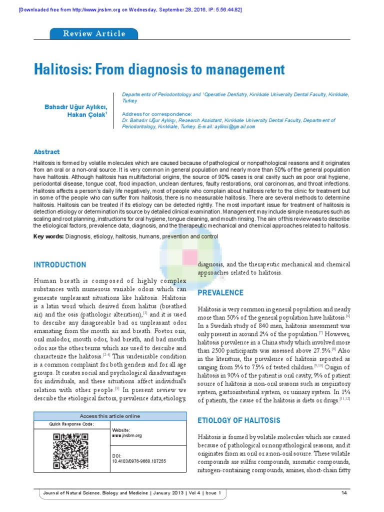 Halitosis From Diagnosis To Management PDF | PDF | Periodontology | Gas ...