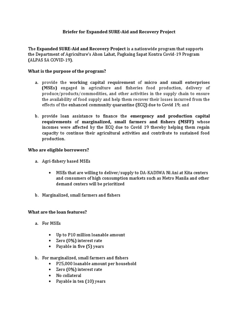Briefer For Expanded SURE-Aid and Recovery Project | PDF