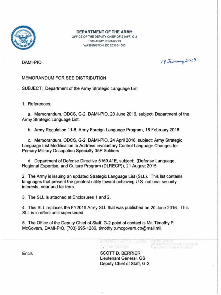 Army Strategic Language List DTD 18 Jan 19 | PDF | Staff (Military ...