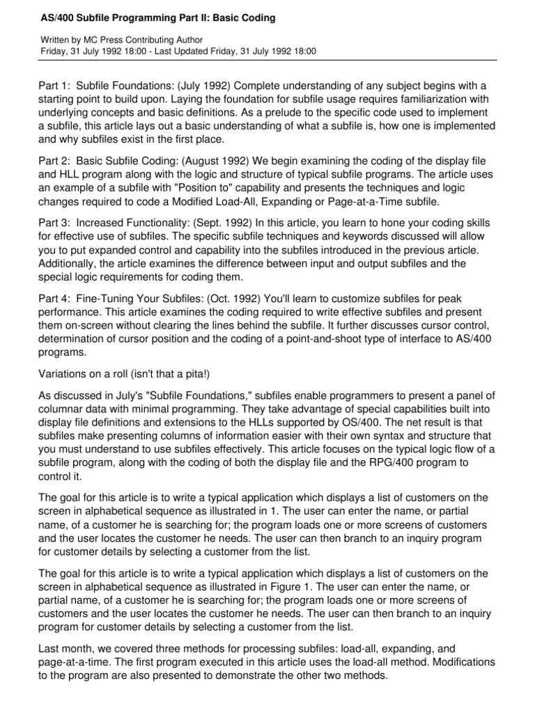 As400 Subfile Programming Part II Basic Coding | PDF | Ibm Rpg | Computer Program