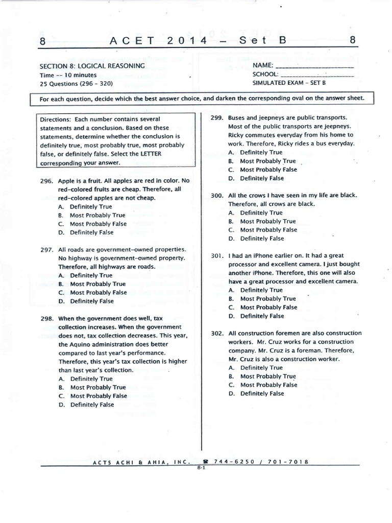 Acet 2014 Set B Simulated Exam - Section 8 - Logical Reasoning | PDF