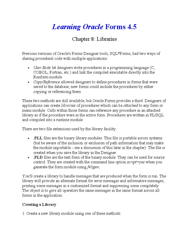 Learning Oracle Forms 4.5: Chapter 8: Libraries | Download Free PDF | Library (Computing) | Pl/Sql