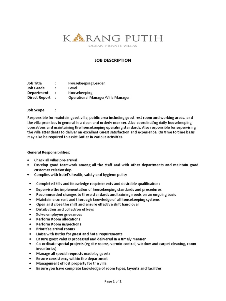 Job Description - Housekeeping Leader | PDF | Housekeeping | Inventory