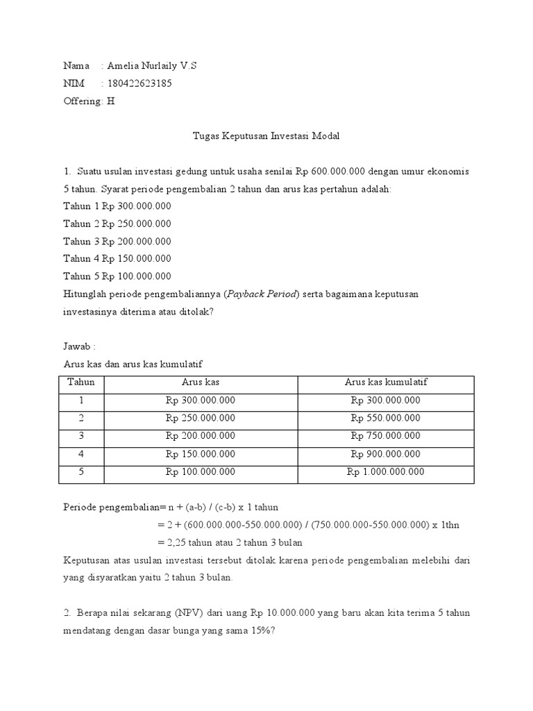 Contoh Soal Keputusan Investasi | PDF | Bisnis | Pengelolaan Keuangan ...
