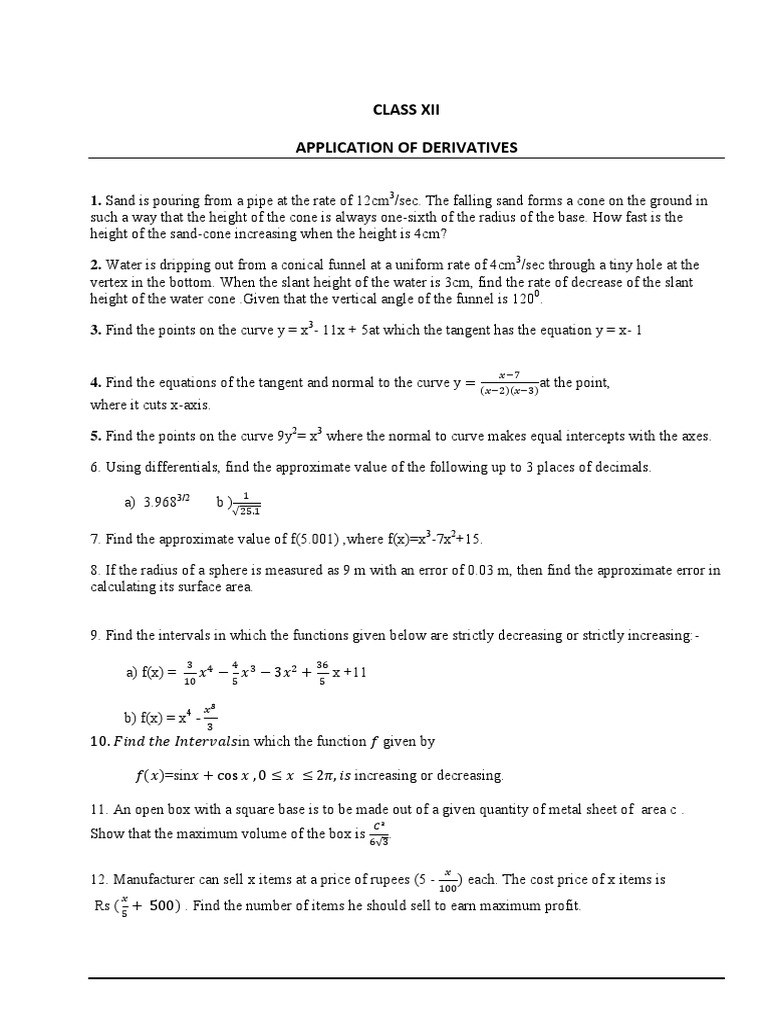 Class 12 Application of Derivatives Worksheet | PDF | Area | Tangent