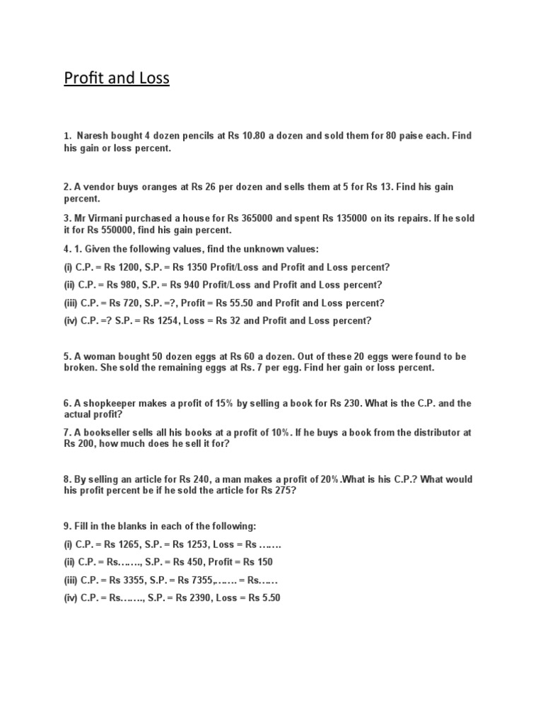 Profit and Loss Exercises | PDF