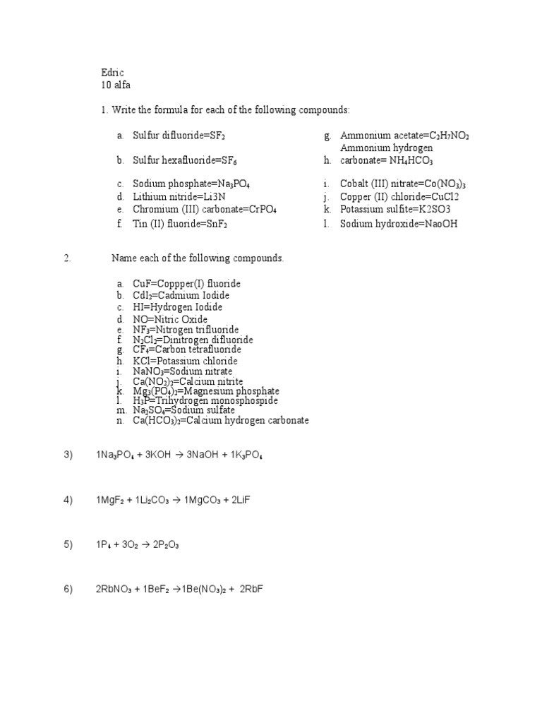 Exercise Nomenclature of Compounds and Balancing Chemical Equation ...