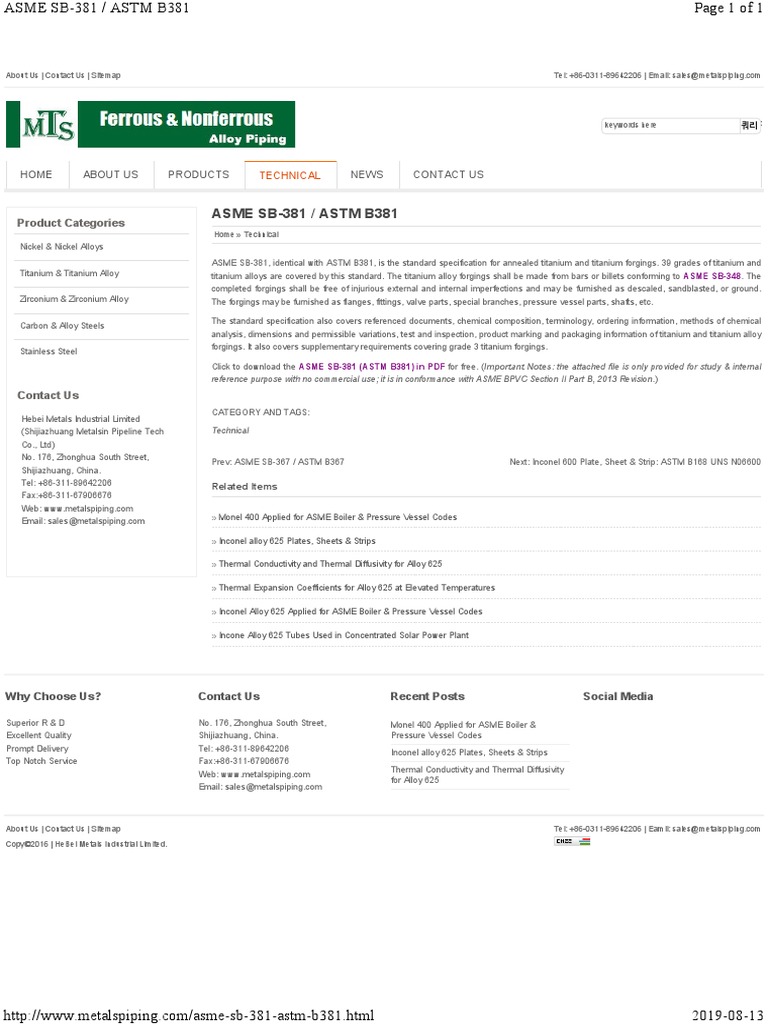 Asme Sb 381 And Astm B 381 Pdf Titanium Building Engineering