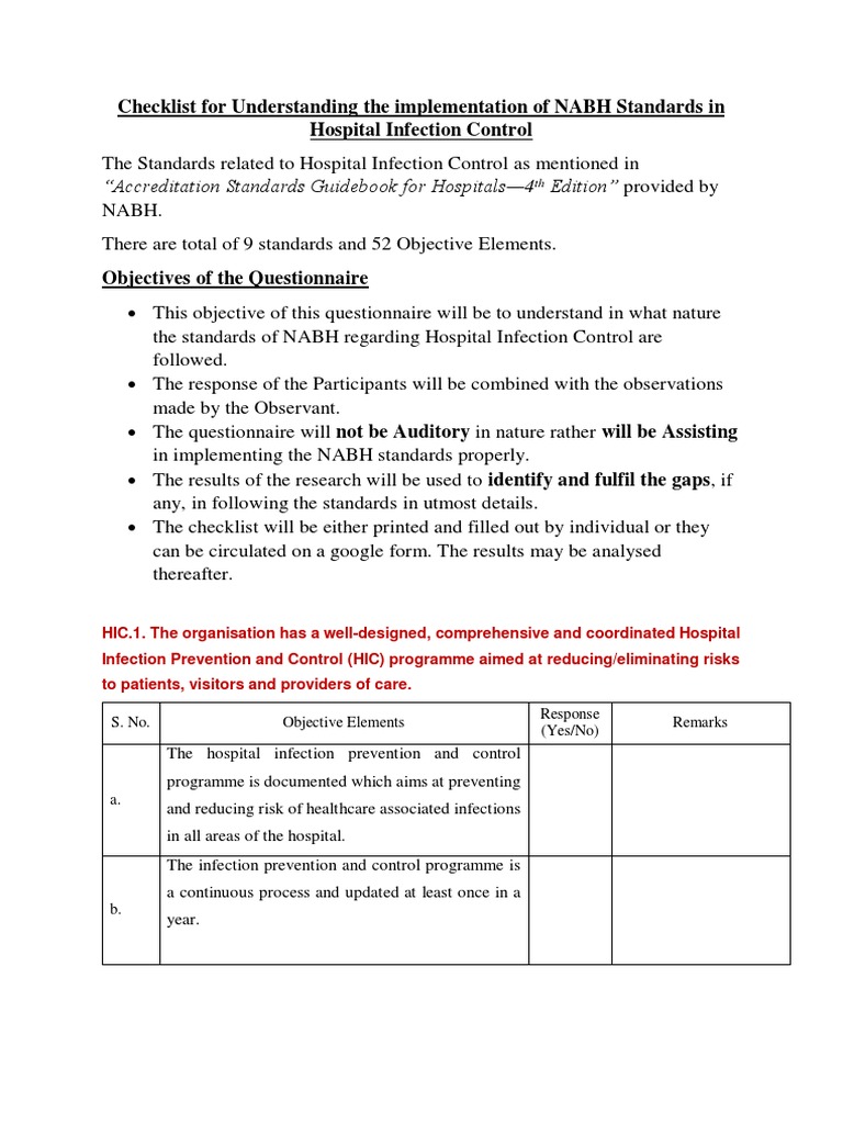 Checklist For NABH Standards | PDF | Infection Control | Infection