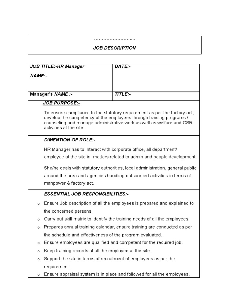 JD - HR Manager | PDF | Employment | Regulatory Compliance