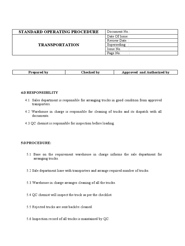 Standard Operating Procedure Transportation: Prepared by Checked by ...