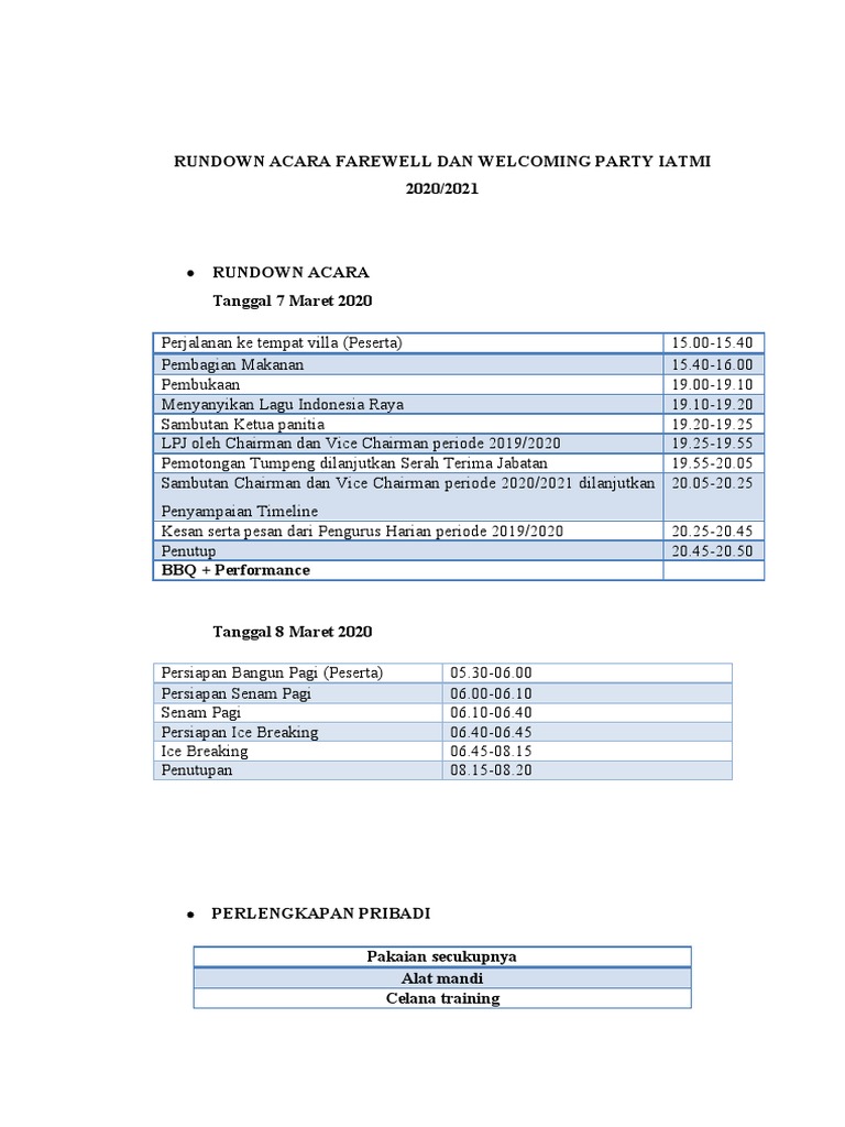 Rundown Acara Farewell Dan Welcoming Party Iatmi 2020 Fix | PDF