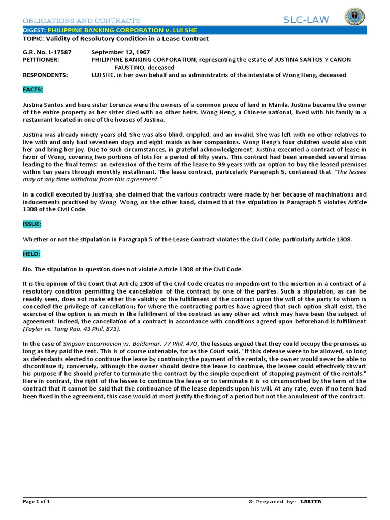 Oblicon Digest (2) 63 Philippine Banking Corp-V-Lui She-1p Validity of ...