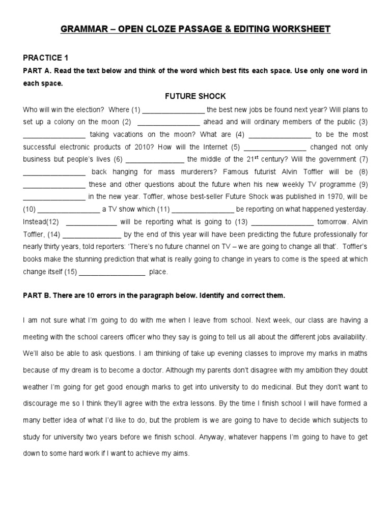 Grammar - Open Cloze Passage & Editing | PDF