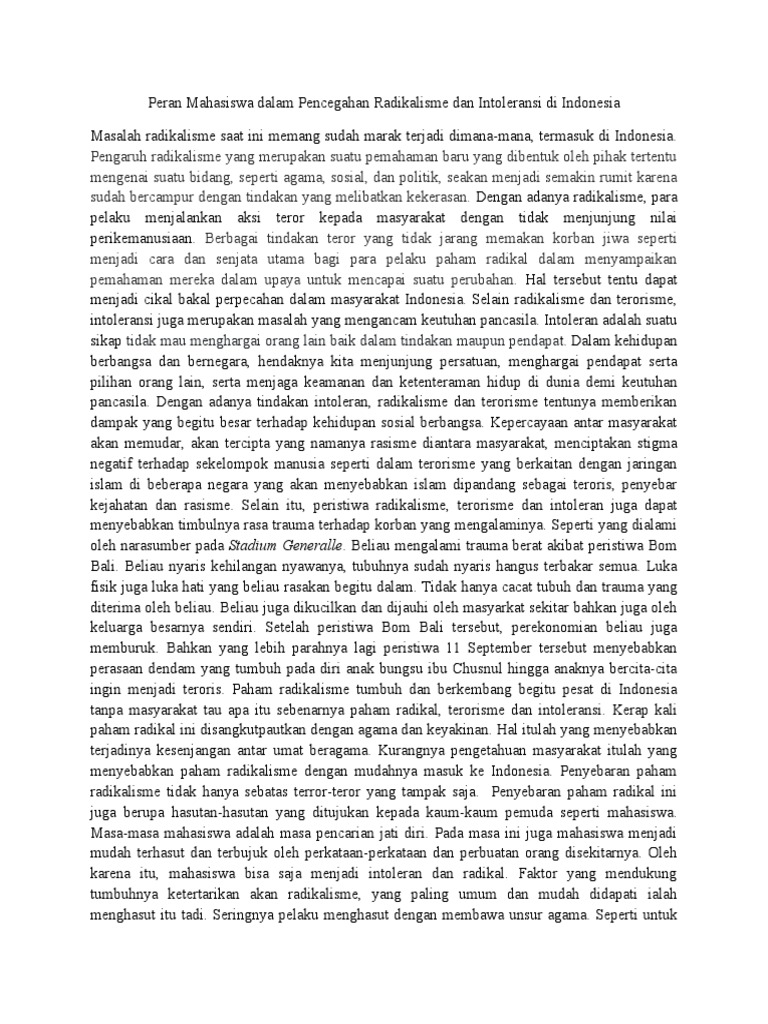Peran Mahasiswa Dalam Pencegahan Radikalisme Dan Intoleransi Di Indonesia | PDF | Ilmu Sosial