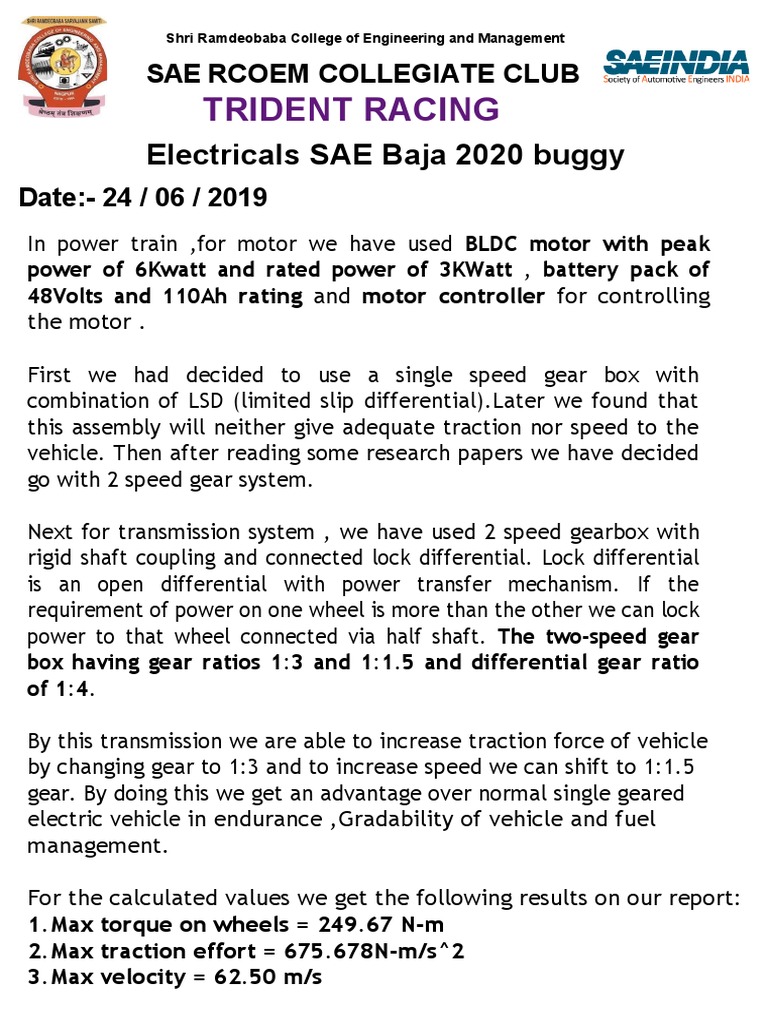 Trident Racing: Electricals SAE Baja 2020 Buggy | PDF