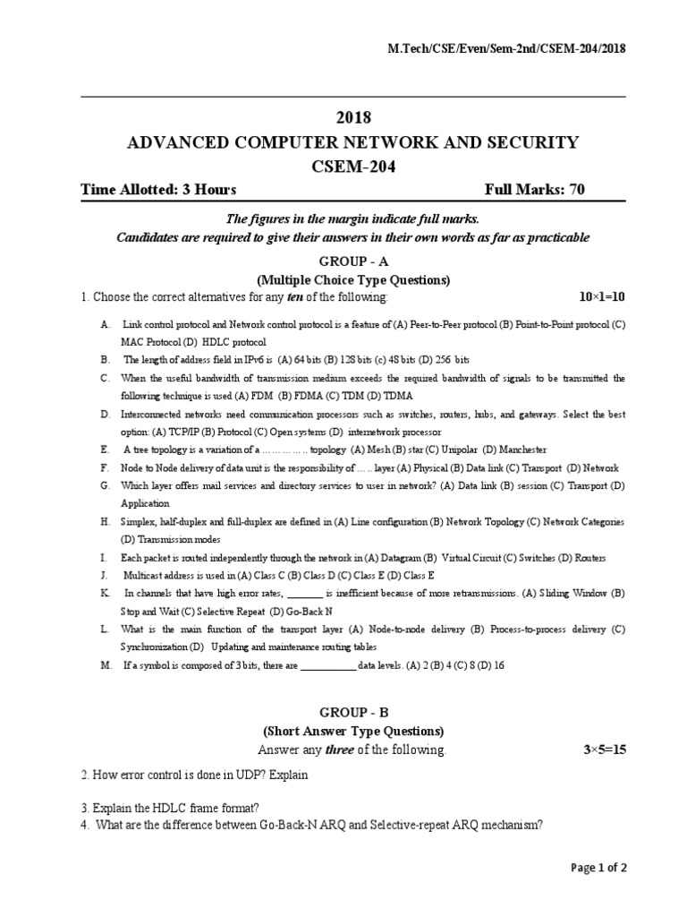 Advanced Computer Network and Security (CSEM-204): Exam Questions on ...