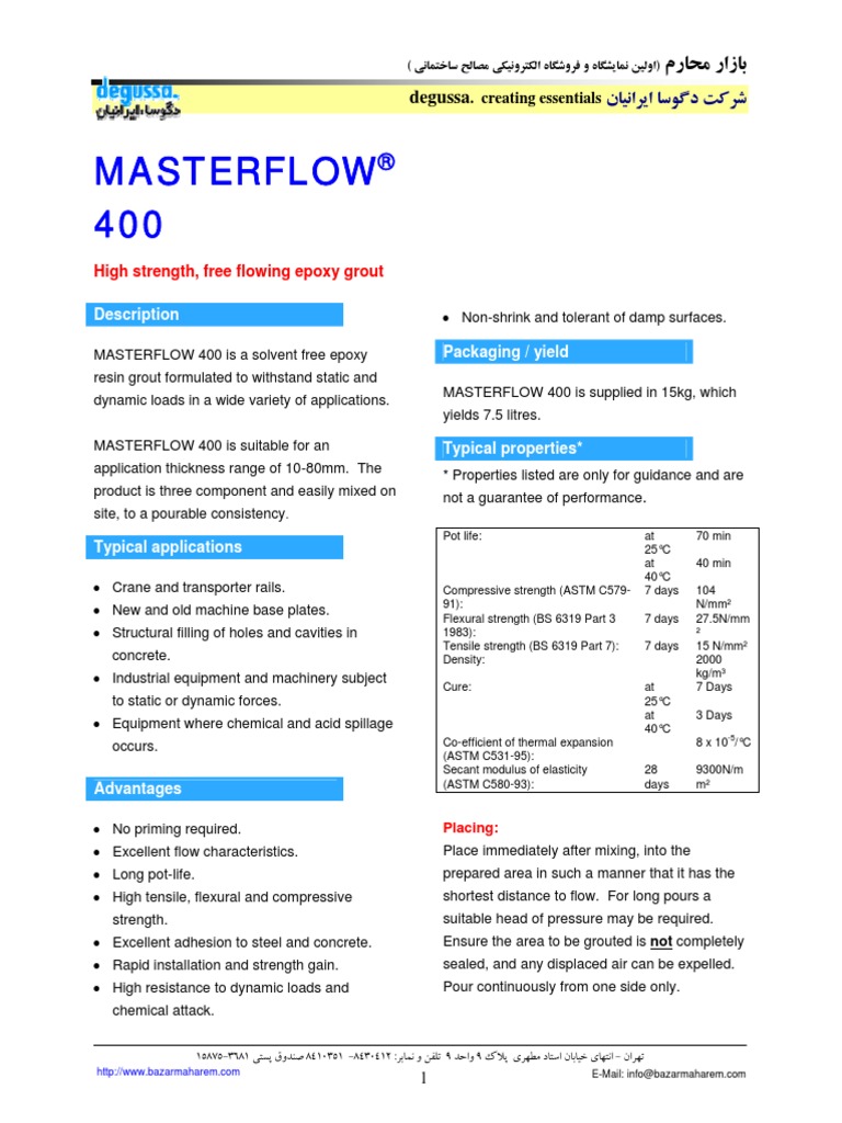 Masterflow 400: Degussa | PDF | Strength Of Materials | Concrete