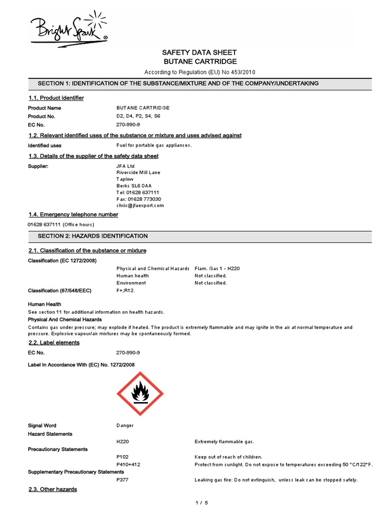 Safety Data Sheet Butane Cartridge | PDF | Fires | Dangerous Goods