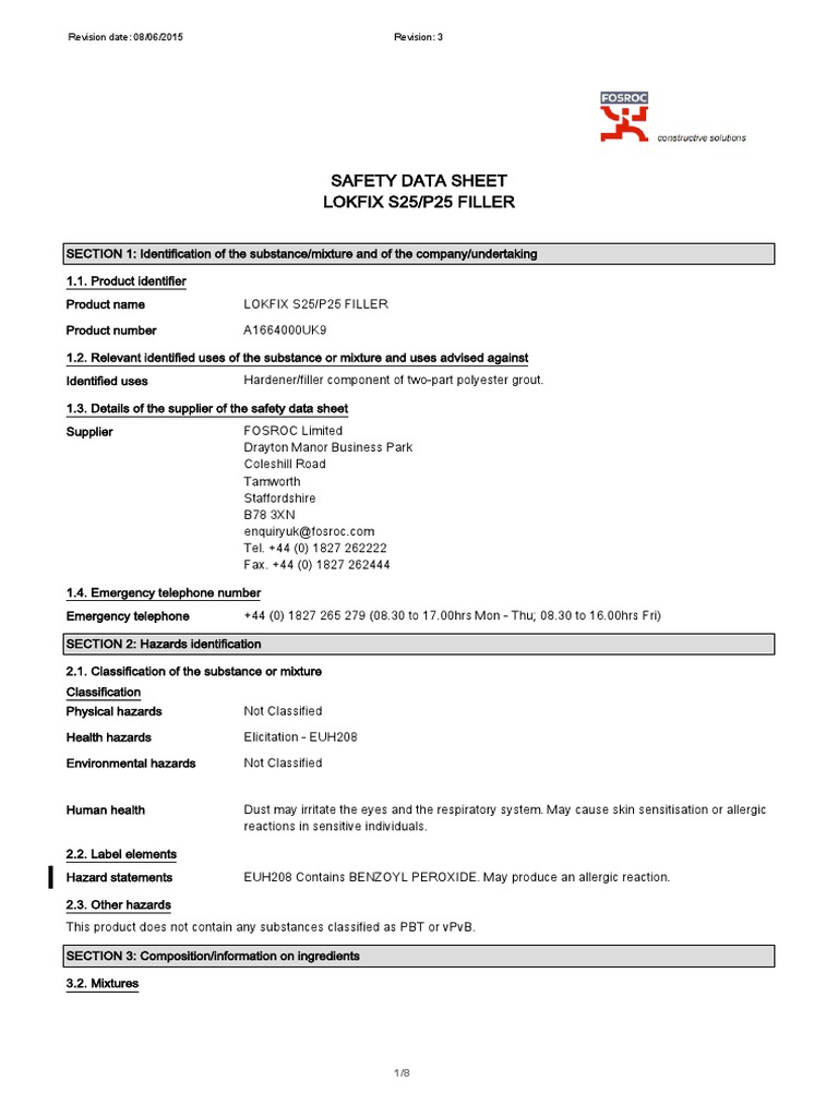 Safety Data Sheet Lokfix S25/P25 Filler: Revision Date: 08/06/2015 ...