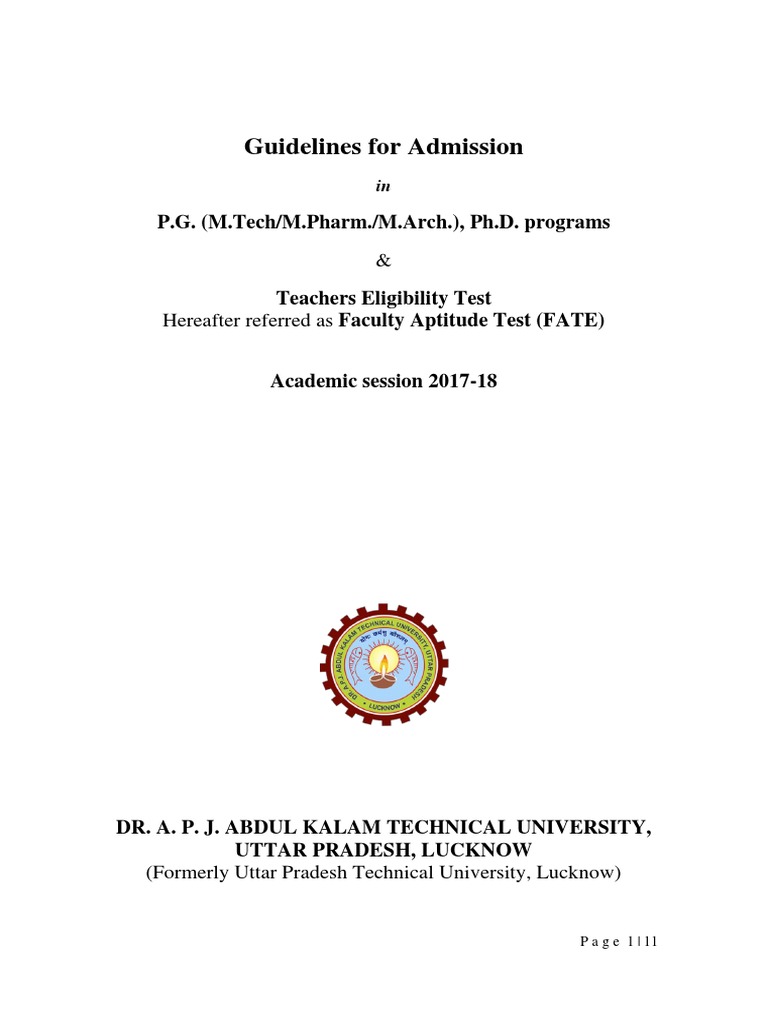 Guidelines For Admission: P.G. (M.Tech/M.Pharm./M.Arch.), Ph.D. Programs | Download Free PDF ...