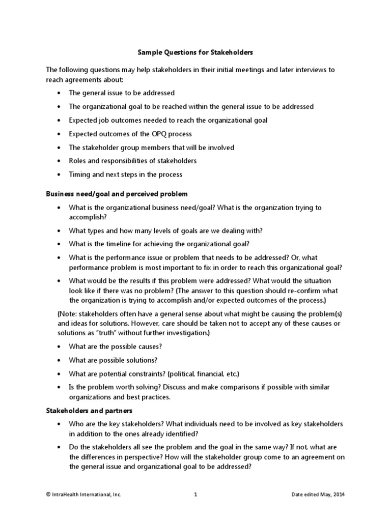 Sample Questions For Stakeholders PDF | PDF | Goal | Stakeholder ...
