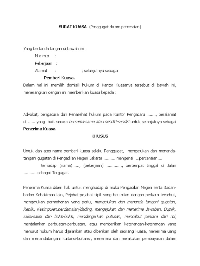 Contoh Surat Kuasa Perceraian Di Pengadilan Agama | PDF
