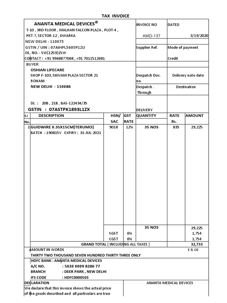 Ananta Medical Devices: Tax Invoice | PDF | Finance & Money Management