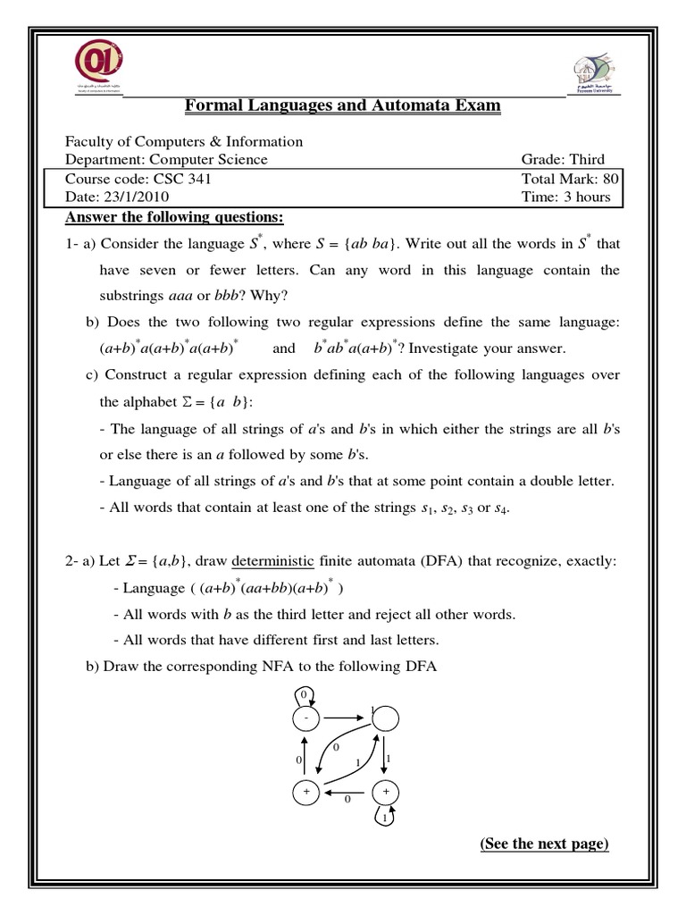 Formal Languages and Automata Exam: Answer The Following Questions | PDF | Syntax (Logic ...