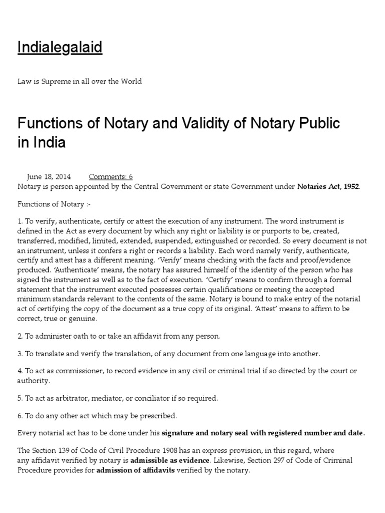 Functions of Notary and Validity of Notary Public in India ...