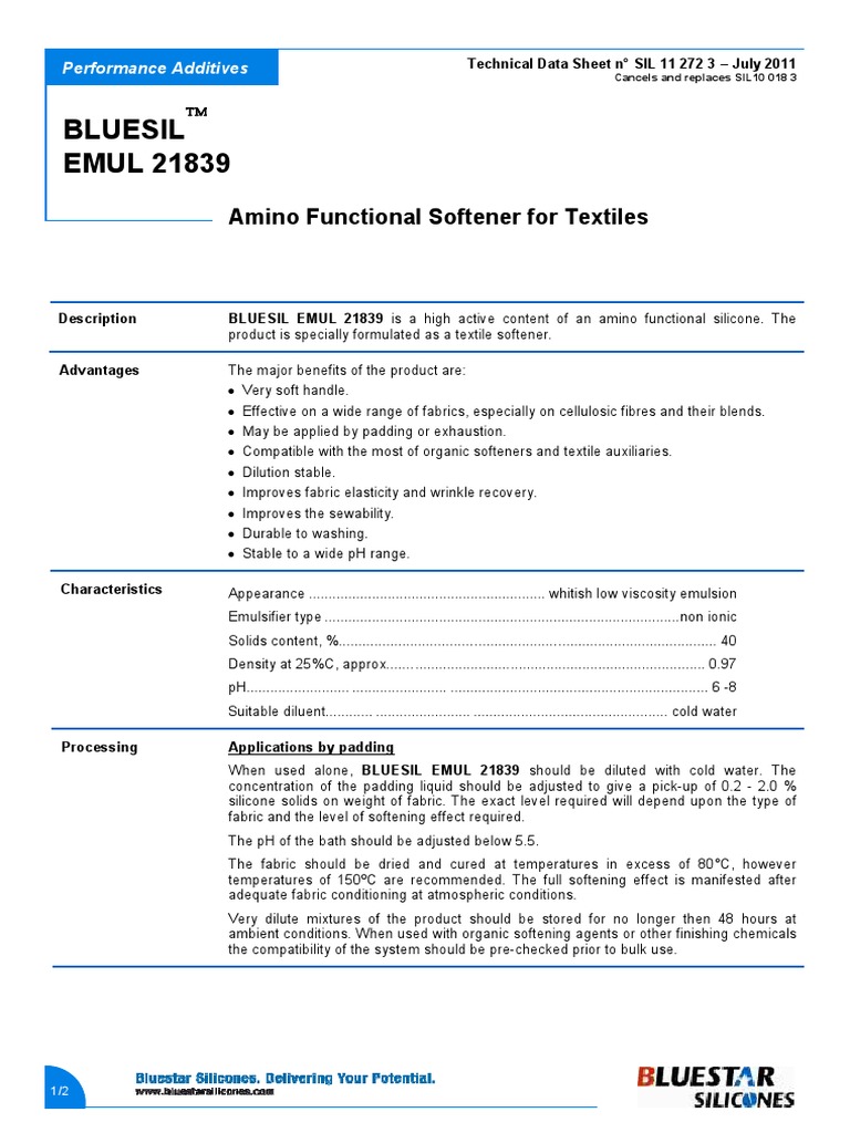 Bluesil EMUL 21839: Amino Functional Softener for Textiles | Textiles ...