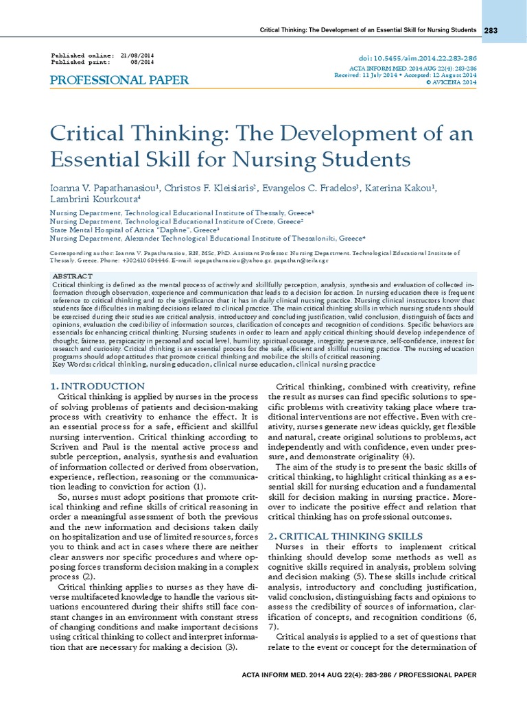 Critical Thinking Nurse 1 | PDF | Critical Thinking | Thought