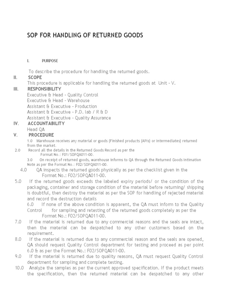 Sop For Handling of Returned Goods: II. Scope Iii. Responsibility | PDF ...