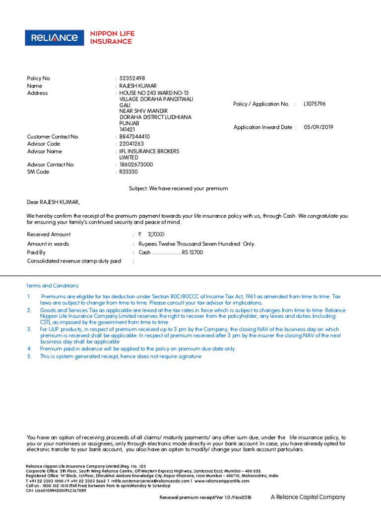 Receipt Confirming Life Insurance Premium Payment for Rajesh Kumar ...
