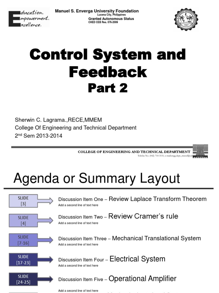 Control System and Feedback: Manuel S. Enverga University Foundation ...