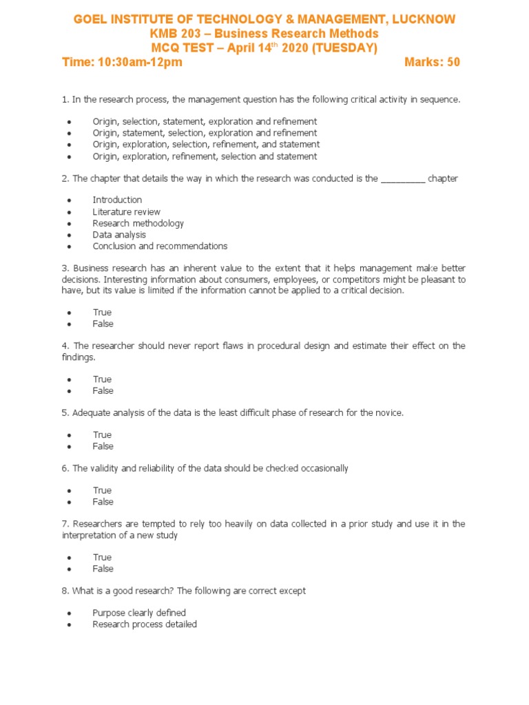 MCQ - 203 - BRM | PDF | Sampling (Statistics) | Survey Methodology