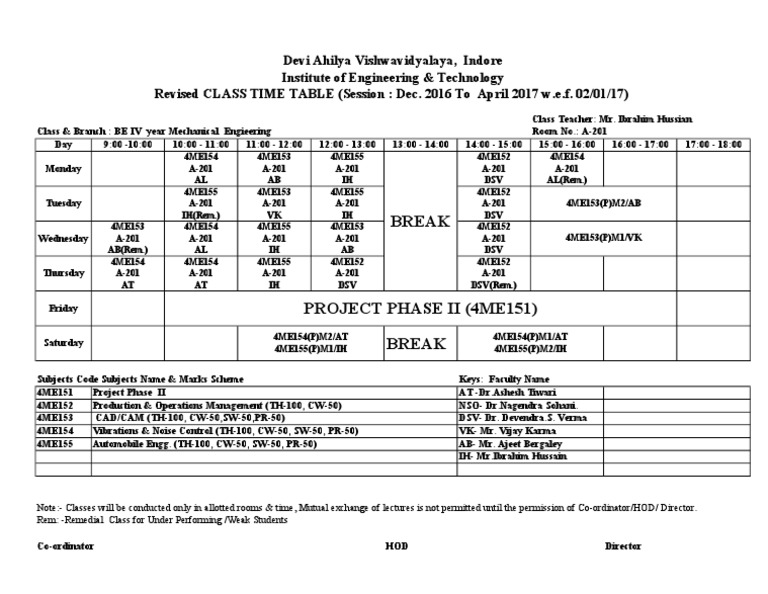 Revised Class Timetable for BE IV Year Mechanical Engineering Students ...