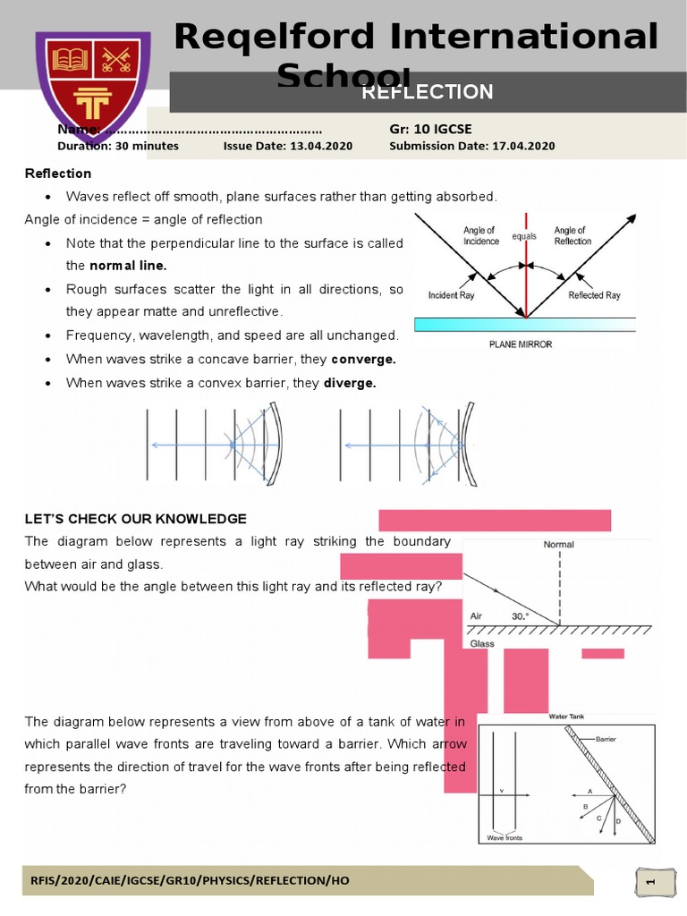 Reflection: Name: GR: 10 IGCSE | PDF | Reflection (Physics) | Mirror