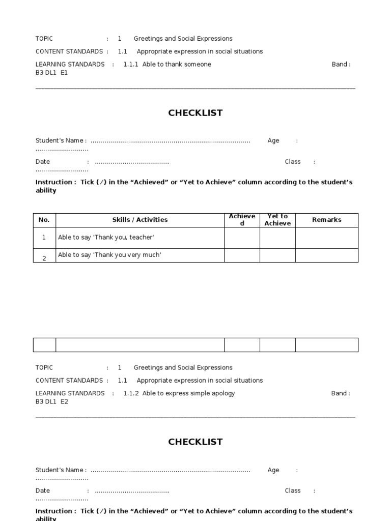 Checklist: Instruction: Tick ( ) in The "Achieved" or "Yet To Achieve ...
