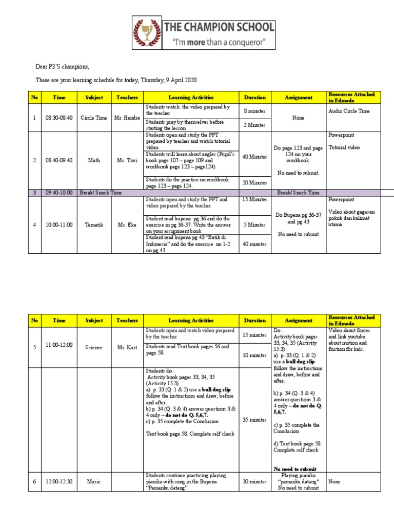 Dear P3'S Champions, These Are Your Learning Schedule For Today ...